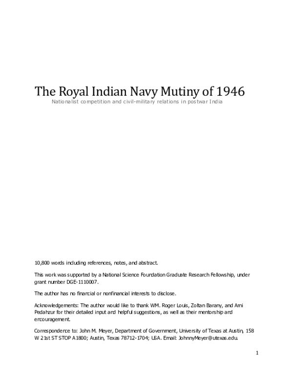 The Royal Indian Navy Mutiny of 1946: Nationalist Competition and Civil ...