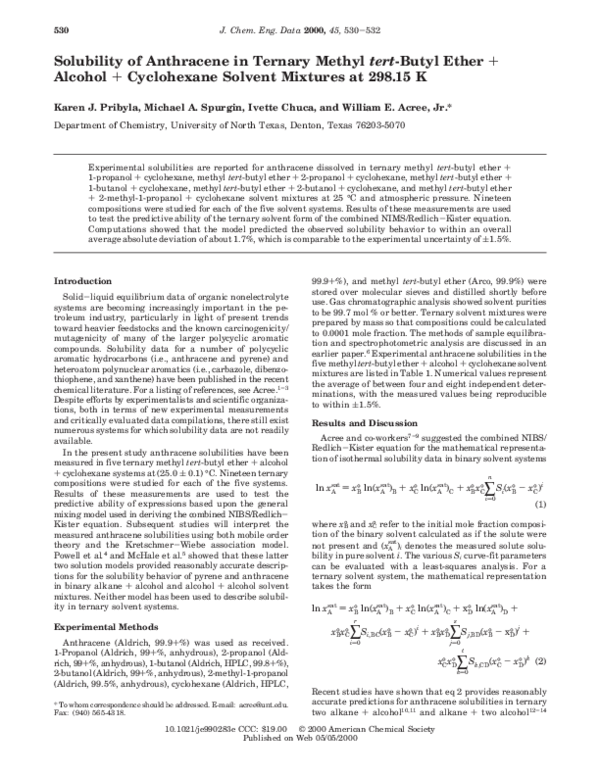 Pdf Solubility Of Anthracene In Ternary Methyl Tert Butyl Ether Alcohol Cyclohexane