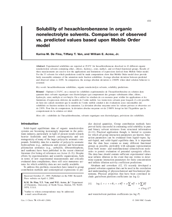 (PDF) Solubility of hexachlorobenzene in organic nonelectrolyte solvents. Comparison of observed ...