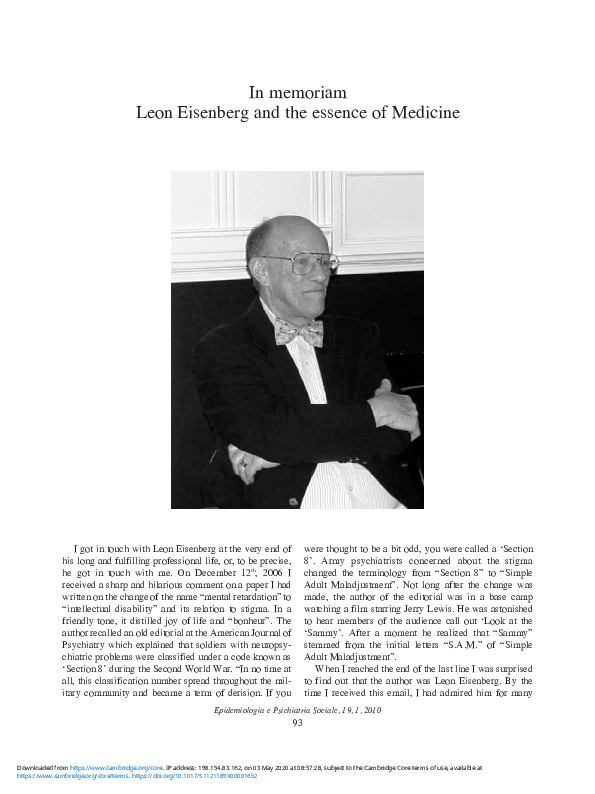 (PDF) In memoriam Leon Eisenberg and the essence of Medicine