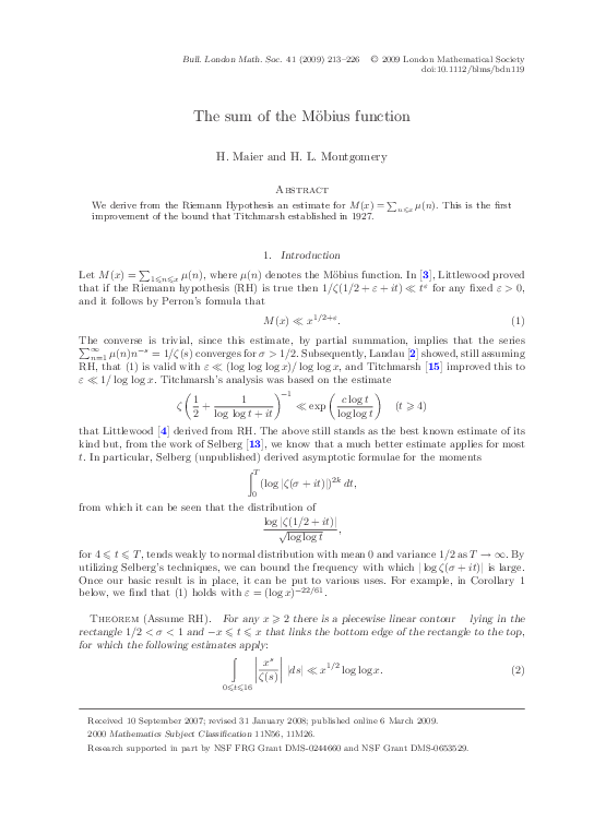 (PDF) The sum of the Möbius function