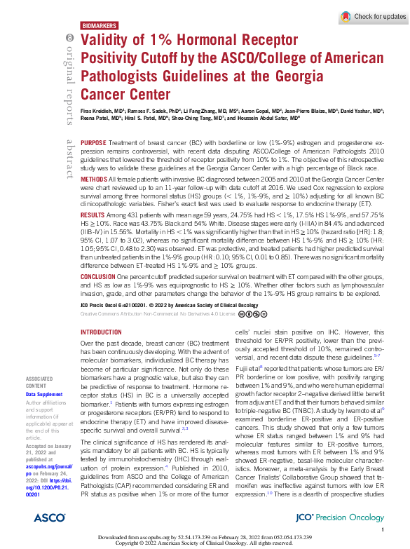 (PDF) Validity of 1% Hormonal Receptor Positivity Cutoff by the ASCO ...