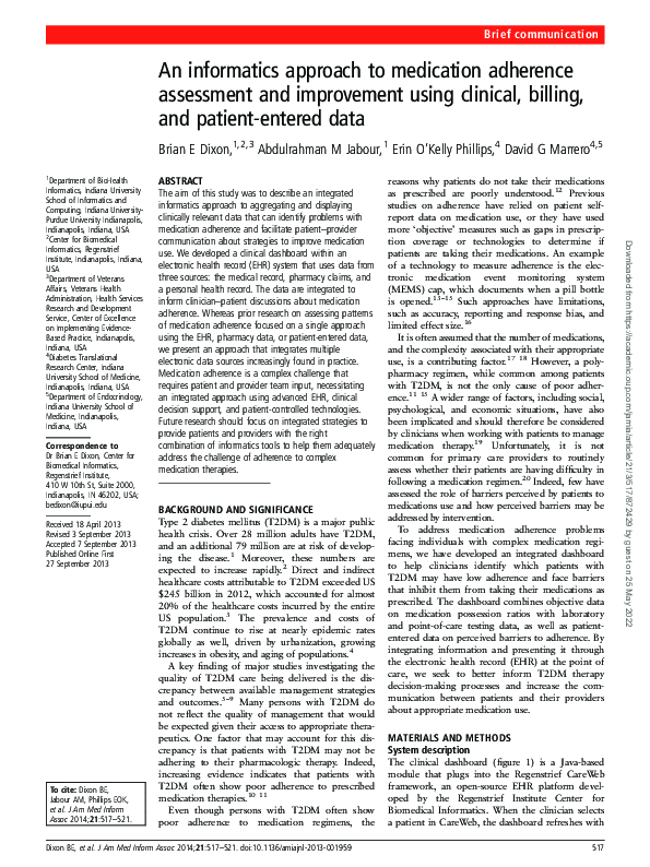 (PDF) An informatics approach to medication adherence assessment and ...
