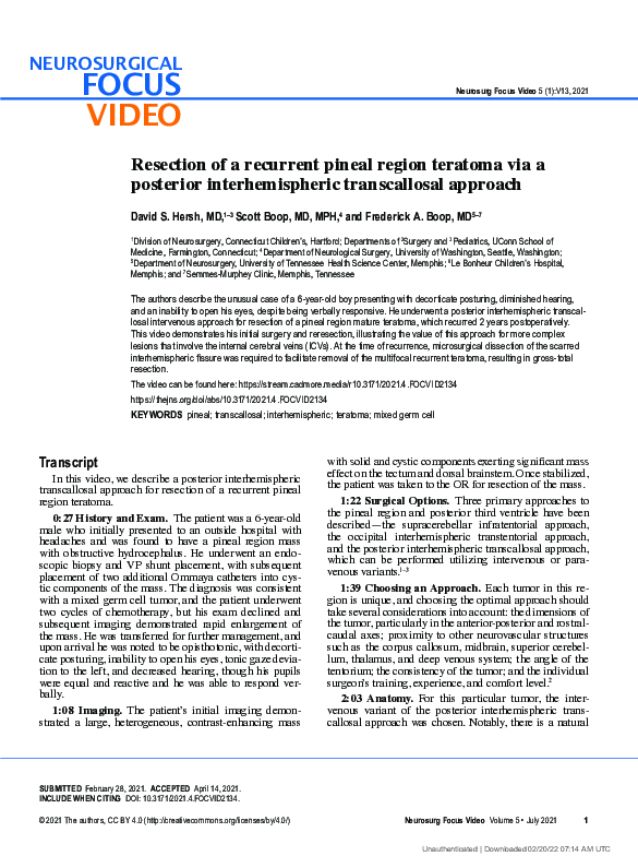 (PDF) Resection of a recurrent pineal region teratoma via a posterior ...