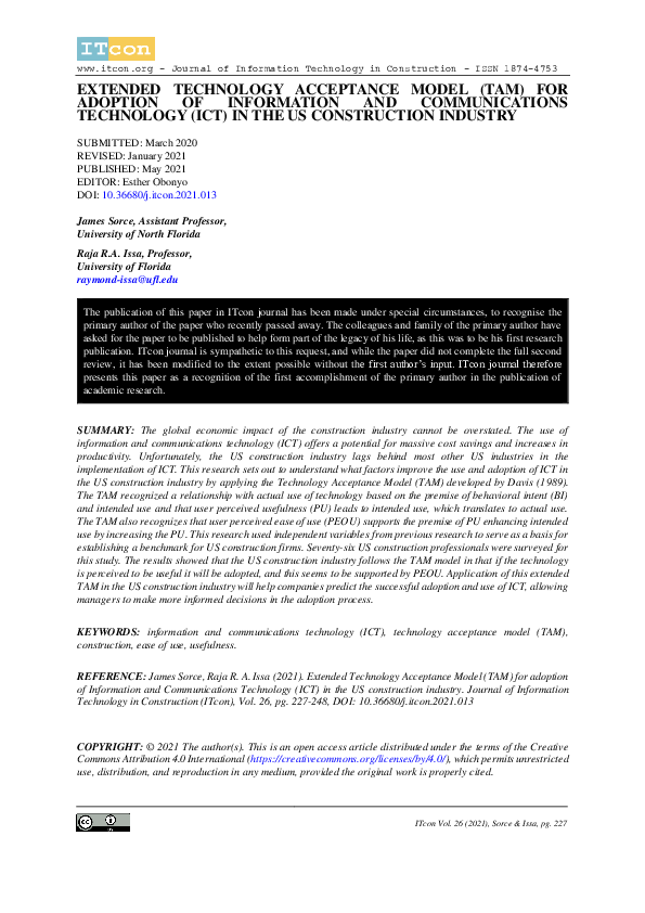(PDF) Extended Technology Acceptance Model (TAM) for adoption of Information and Communications ...