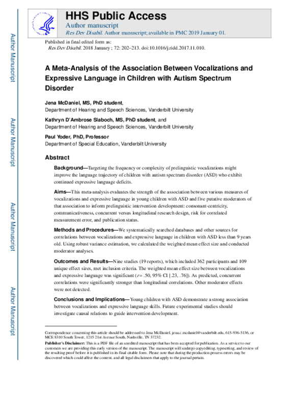 (PDF) A meta-analysis of the association between vocalizations and ...