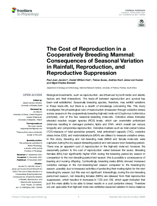 The Cost of Reproduction in a Cooperatively Breeding Mammal ...