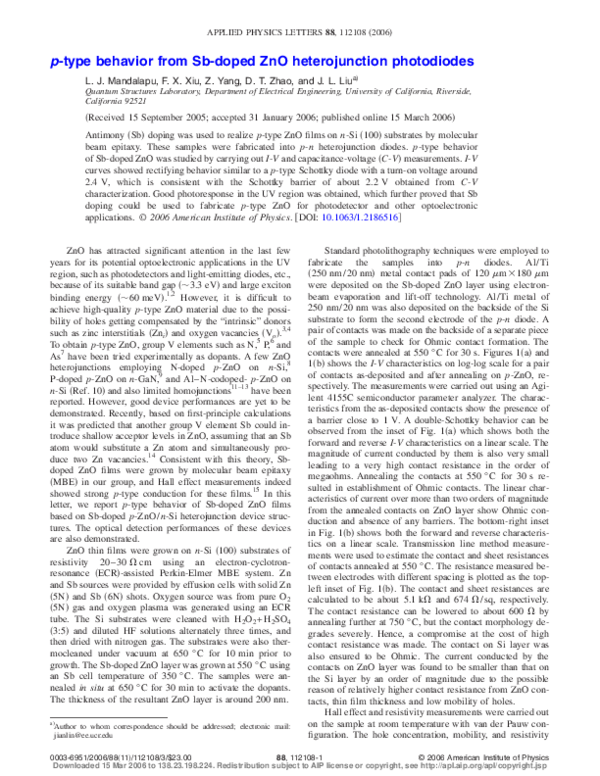 (PDF) p -type behavior from Sb-doped ZnO heterojunction photodiodes