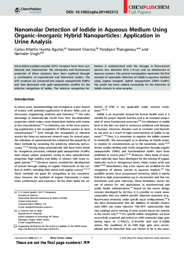 (PDF) Nanomolar Detection of Iodide in Aqueous Medium Using Organic ...