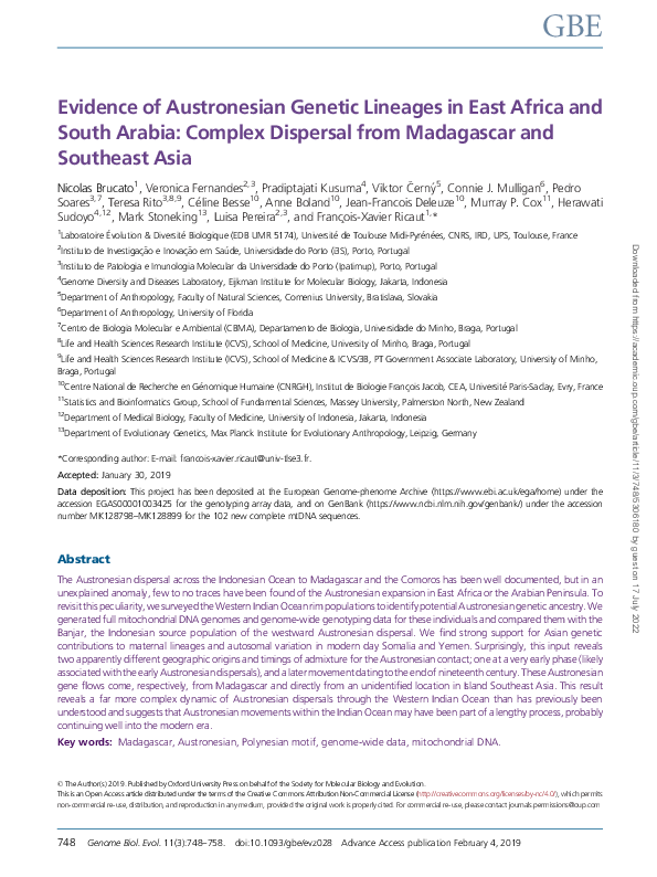 (PDF) Evidence of Austronesian Genetic Lineages in East Africa and South Arabia: Complex ...
