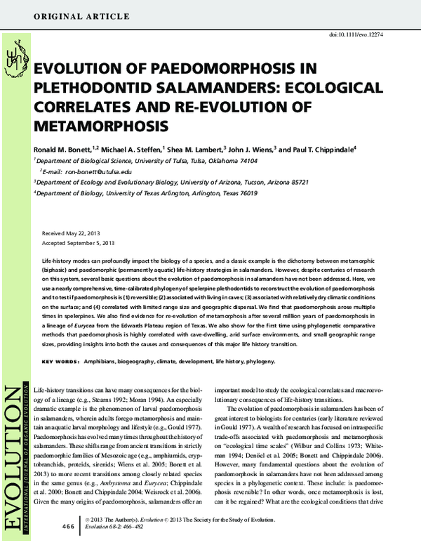 (PDF) Evolution of Paedomorphosis in Plethodontid Salamanders ...