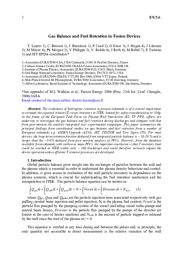 (PDF) Gas balance and fuel retention in fusion devices | Jari Likonen ...