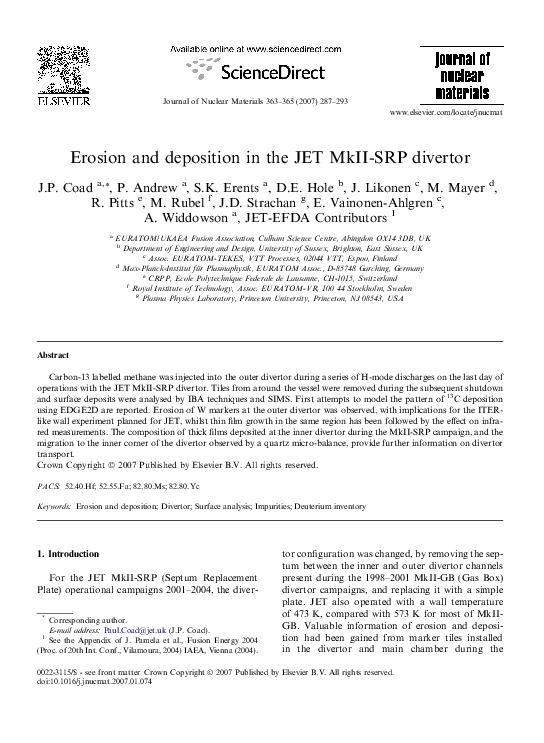 (PDF) Erosion and deposition in the JET MkII-SRP divertor