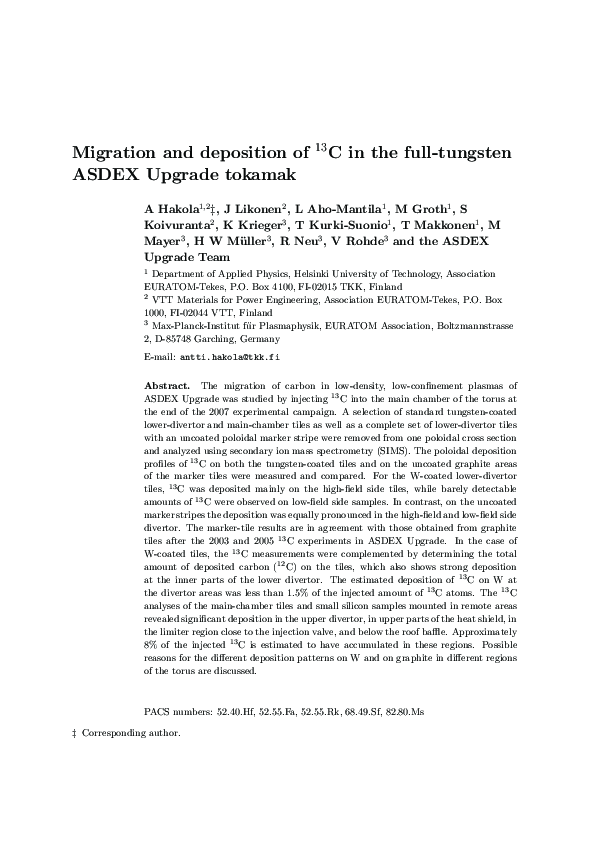 (PDF) Migration and deposition of13C in the full-tungsten ASDEX Upgrade tokamak | Jari Likonen ...