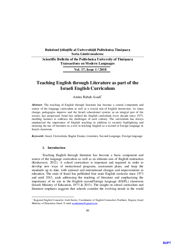 (PDF) Teaching English through Literature as part of the Israeli English Curriculum