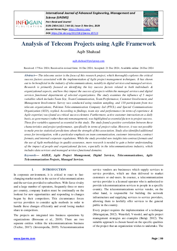 (PDF) Analysis of Telecom Projects using Agile Framework