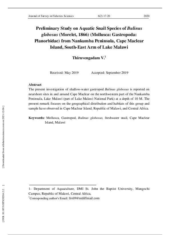 (PDF) Preliminary Study on Aquatic Snail Species of Bulinus globosus ...