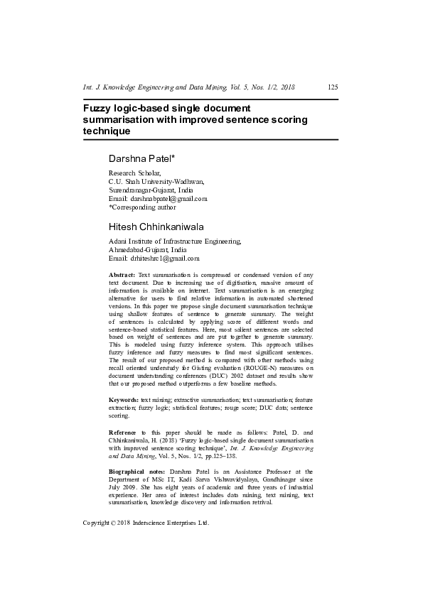 (PDF) Fuzzy logic-based single document summarisation with improved sentence scoring technique