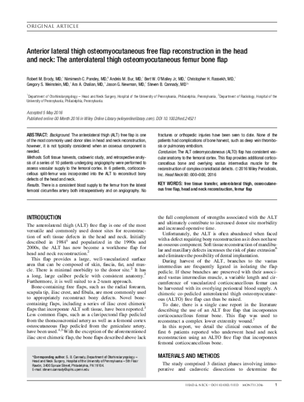 (PDF) Anterior lateral thigh osteomyocutaneous free flap reconstruction in the head and neck ...