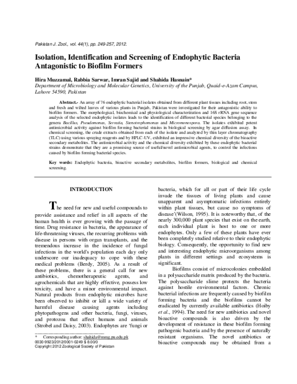 (PDF) Isolation, Identification and Screening of Endophytic Bacteria Antagonistic to Biofilm Formers
