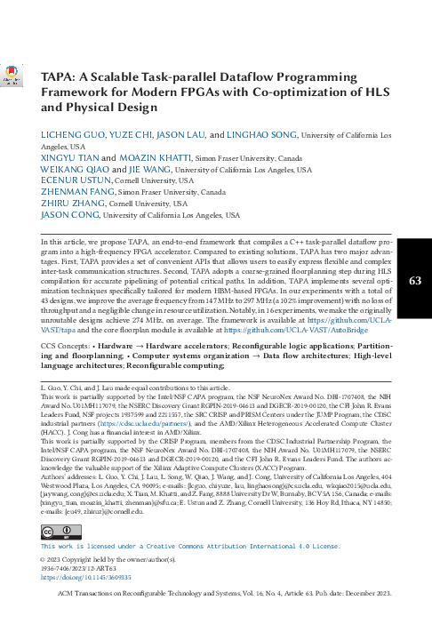 Pdf Tapa A Scalable Task Parallel Dataflow Programming Framework For Modern Fpgas With Co