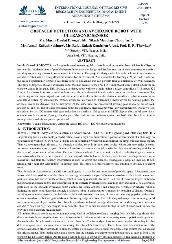 (PDF) OBSTACLE DETECTION AND AVOIDANCE ROBOT WITH ULTRASONIC SENSOR