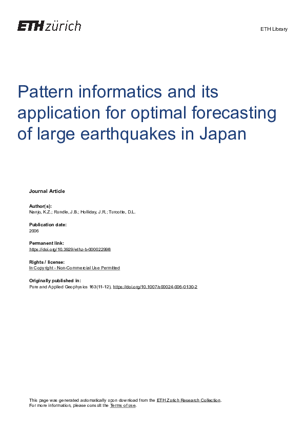 (PDF) Pattern Informatics and its Application for Optimal Forecasting of Large Earthquakes in Japan