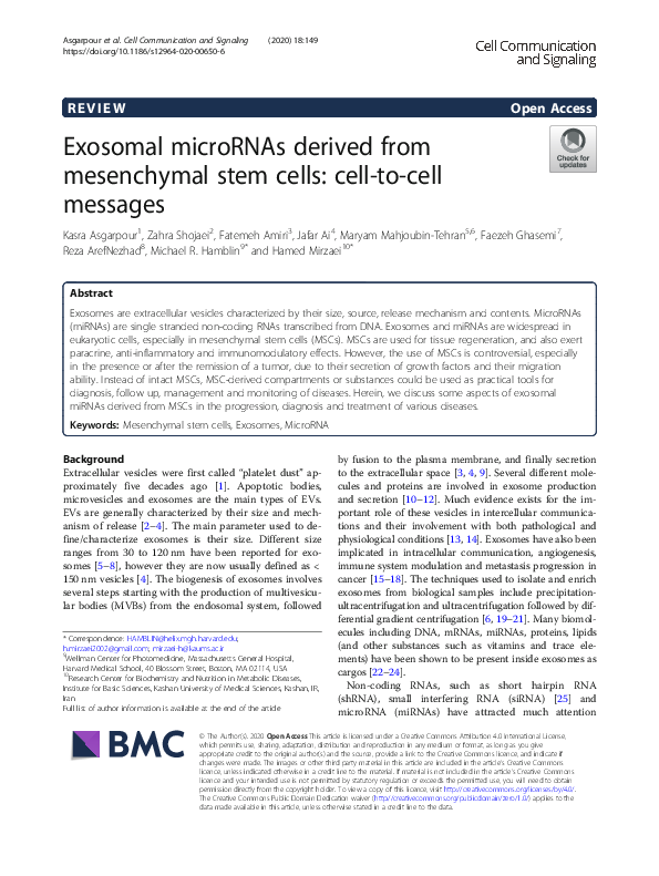 (PDF) Exosomal microRNAs derived from mesenchymal stem cells: cell-to-cell messages