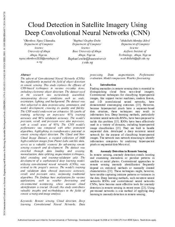 (PDF) Cloud Detection in Satellite Imagery Using Deep Convolutional Neural Networks CNN