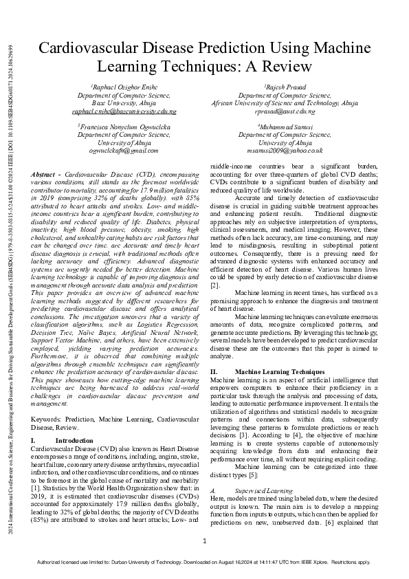 Pdf Cardiovascular Disease Prediction Using Machine Learning Techniques A Review
