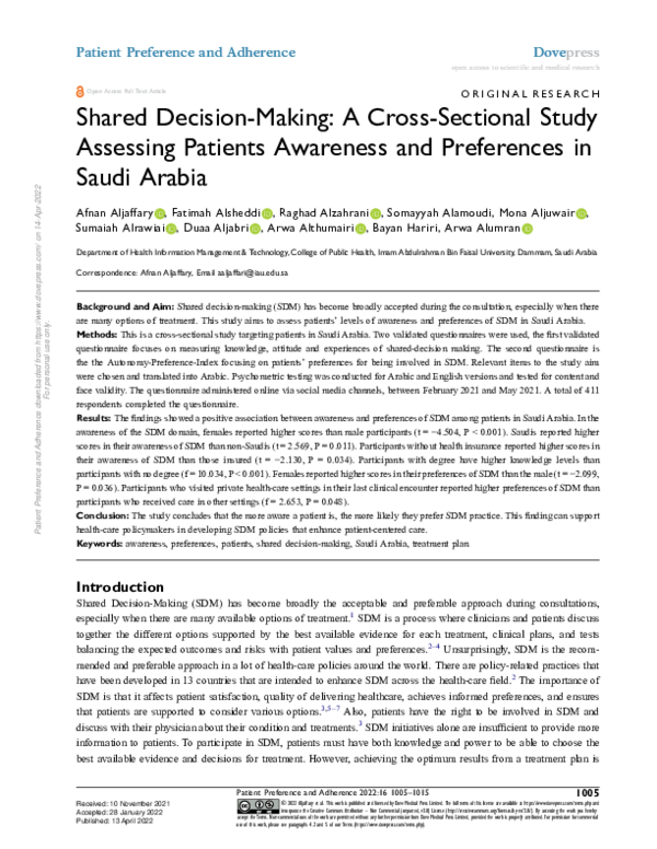(PDF) Shared Decision-Making: A Cross-Sectional Study Assessing Patients Awareness and ...
