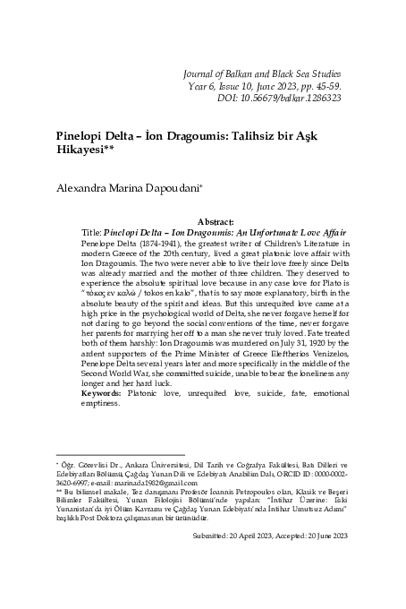 (PDF) Pinelopi Delta – İon Dragoumis: Talihsiz bir Aşk Hikayesi