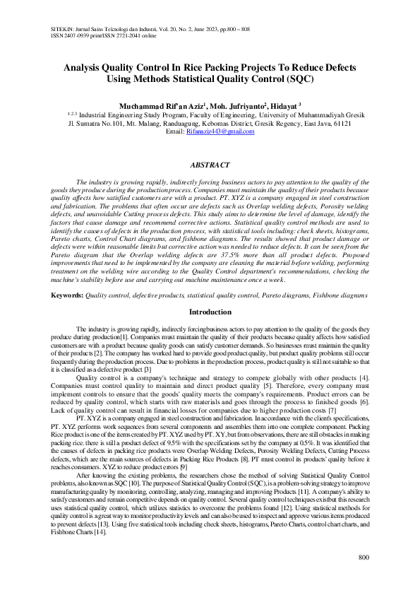 (PDF) Analysis Quality Control In Rice Packing Projects To Reduce Defects Using Methods ...