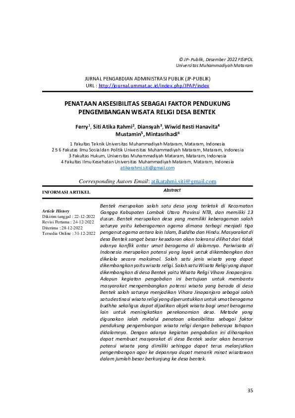 (PDF) Penataan Aksesibilitas Sebagai Faktor Pendukung Pengembangan Wisata Religi Desa Bentek