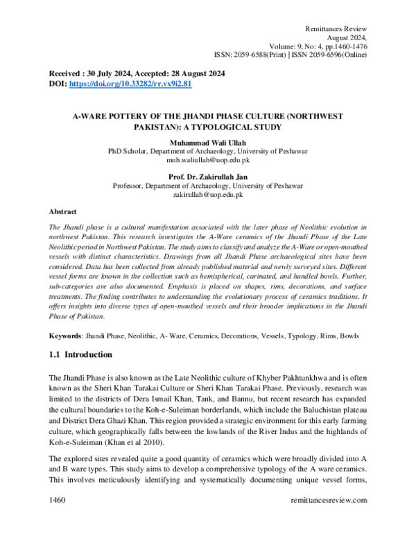 (PDF) A-WARE POTTERY OF THE JHANDI PHASE CULTURE (NORTHWEST PAKISTAN ...