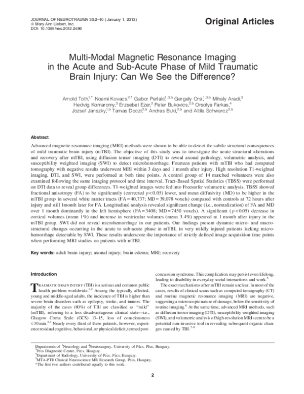 (PDF) Multi-Modal Magnetic Resonance Imaging in the Acute and Sub-Acute ...