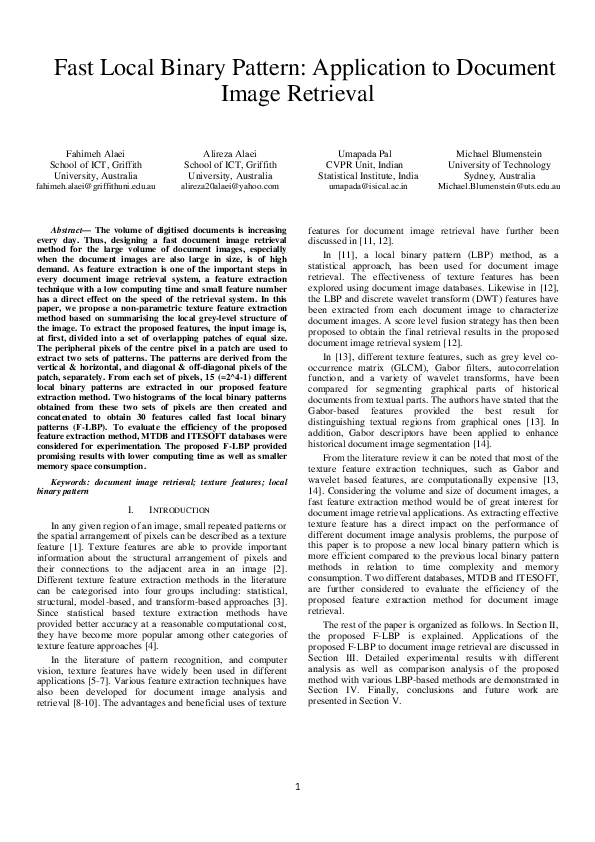 Pdf Fast Local Binary Pattern Application To Document Image Retrieval