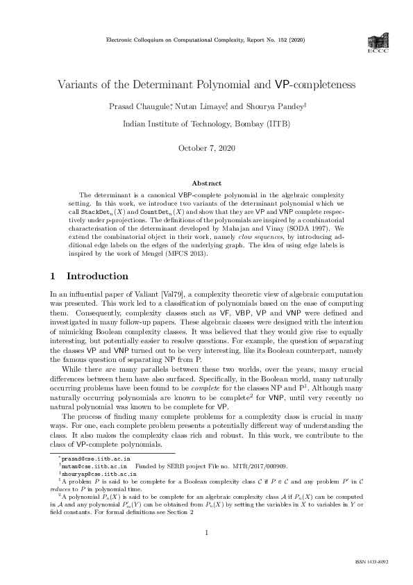 (PDF) Variants of the Determinant polynomial and VP-completeness