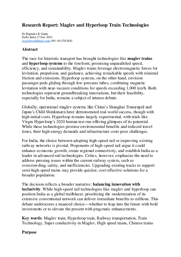 (PDF) Research Report: Critical review of Maglev and Hyperloop Train ...