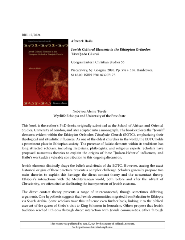 (PDF) Review of Afework Hailu's "Jewish Cultural Elements in the Ethiopian Orthodox Täwaḥәdo Church"
