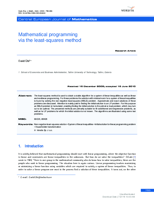 (PDF) Mathematical programming via the least-squares method