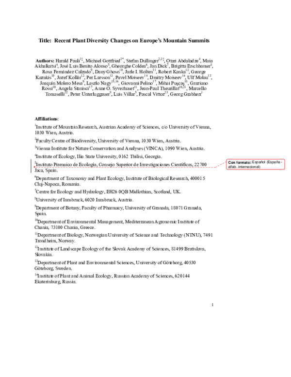 (PDF) Recent Plant Diversity Changes on Europe’s Mountain Summits