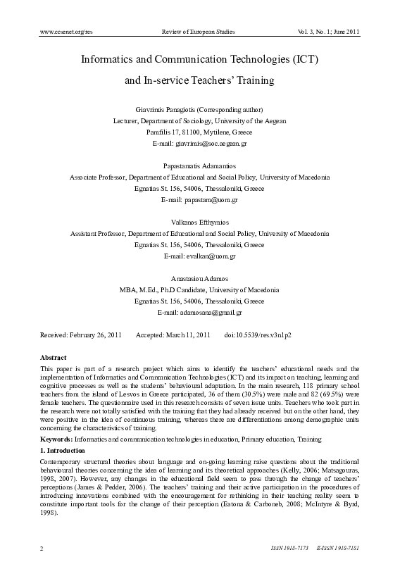 (PDF) Informatics and Communication Technologies (ICT) and In-service Teachers’ Training