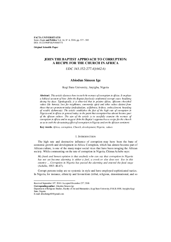 (PDF) John the Baptist Approach to Corruption: A Recipe for the Church ...