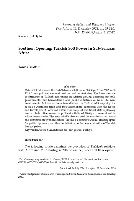 (PDF) Southern Opening: Turkish Soft Power in Sub-Saharan Africa