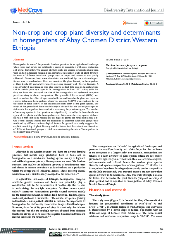 (PDF) Non-crop and crop plant diversity and determinants in homegardens of Abay Chomen District ...