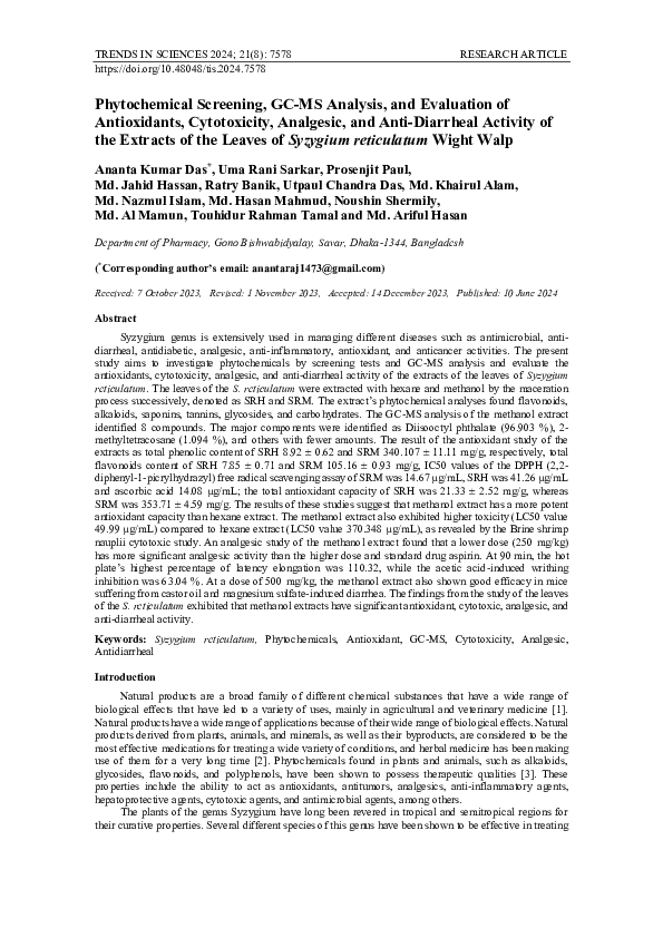 (PDF) Phytochemical Screening, GC-MS Analysis, and Evaluation of Antioxidants, Cytotoxicity ...