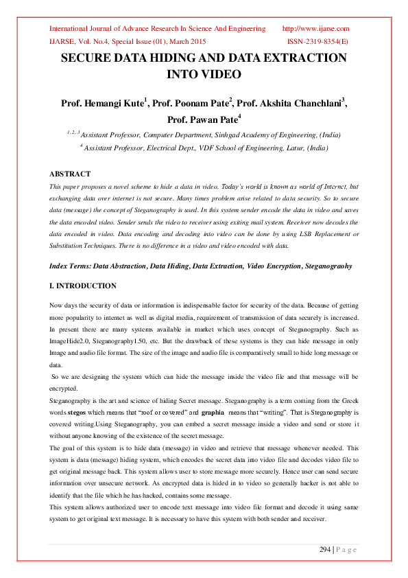 (PDF) Secure Data Hiding and Data Extraction Into Video