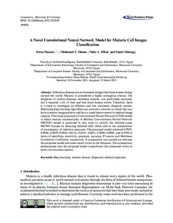 (PDF) A Novel Convolutional Neural Network Model for Malaria Cell Images Classification
