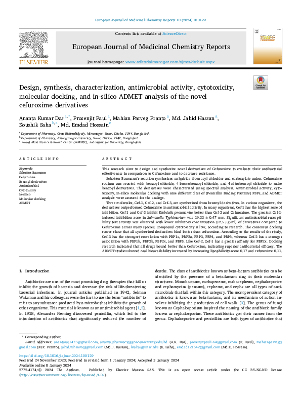 (PDF) Design, synthesis, characterization, antimicrobial activity, cytotoxicity, molecular ...